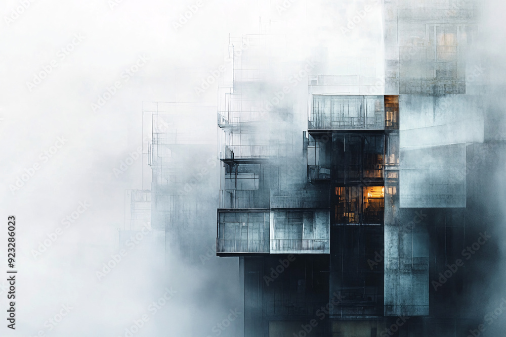 complex geometric structure made of stacked boxes, partially obscured ...