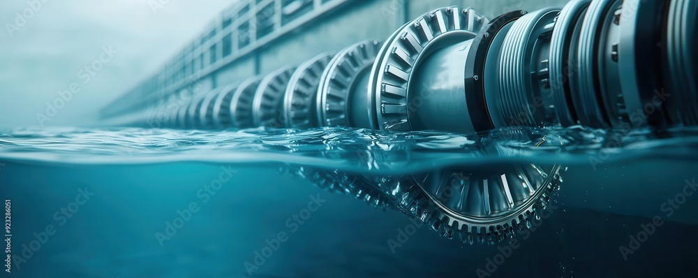 Close-up of hydroelectric turbines submerged in water, showcasing ...