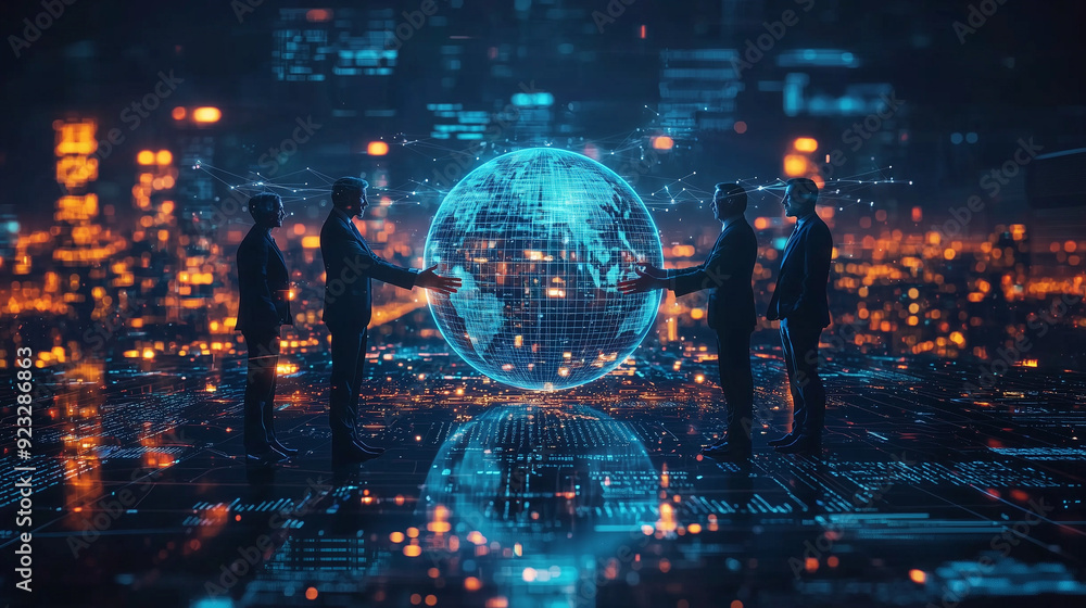 business leaders from around the world shaking hands over a holographic ...