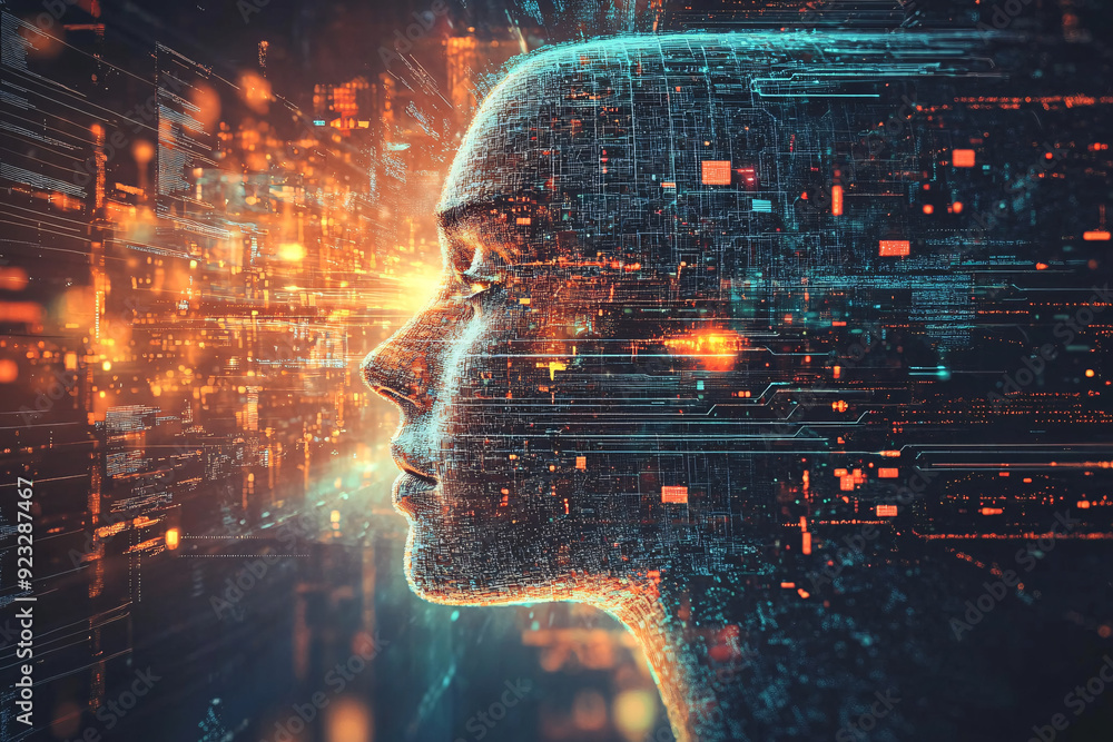 futuristic digital representation of a human profile surrounded by data ...