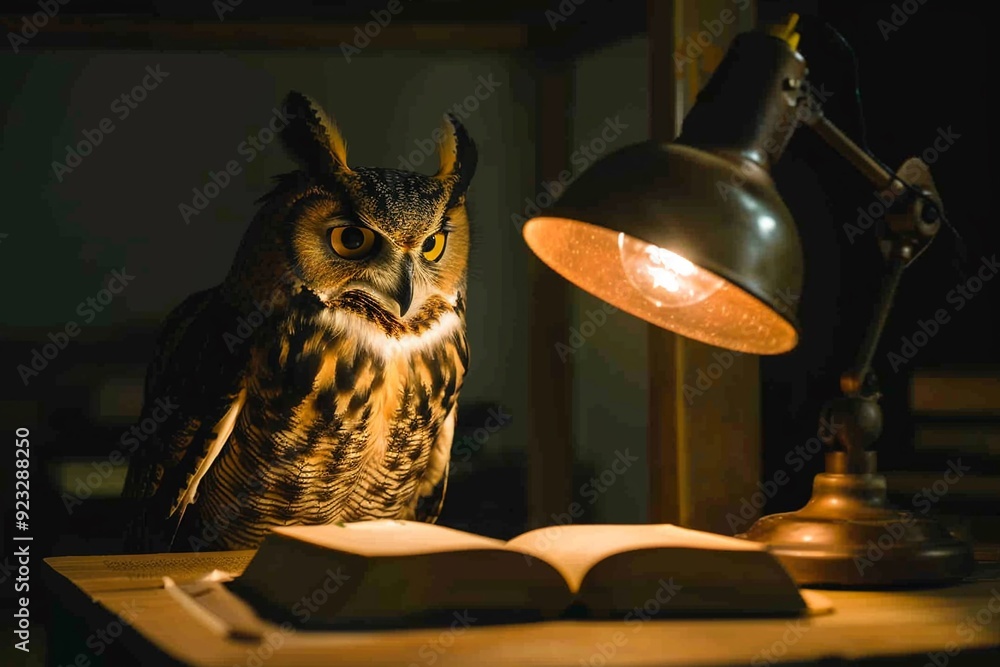 An owl reading a book under a lamp advertising an educational app for ...