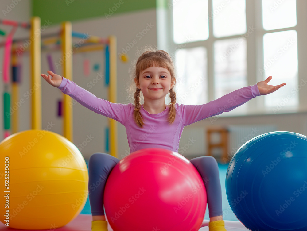 Happy little girl stretching arms while balancing on a fitness ball ...
