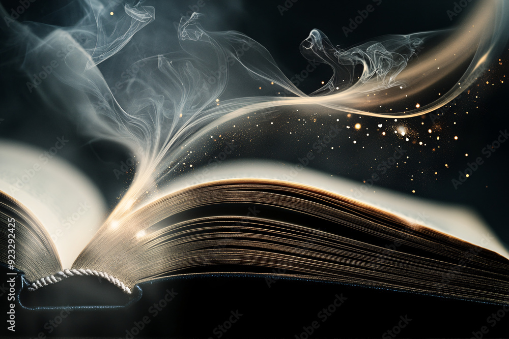 magical open book with swirling mist and golden sparkles rising from ...