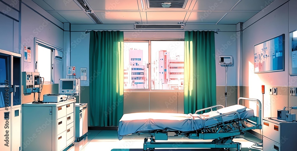 anime style urban hospital patient room interior for b background Stock ...