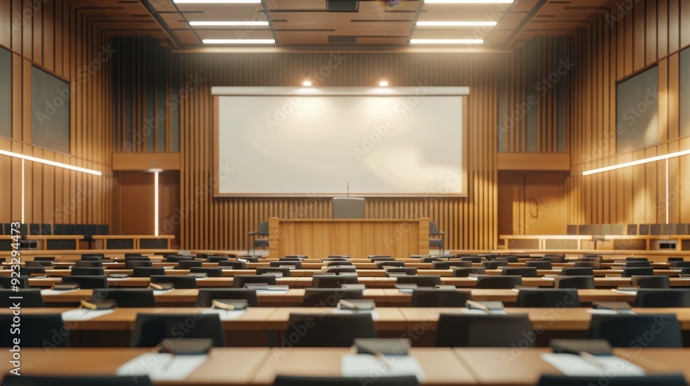 Dynamic Classroom Setup Podium Laptop and Projector Screen Await Engaged Participants in Empty ...
