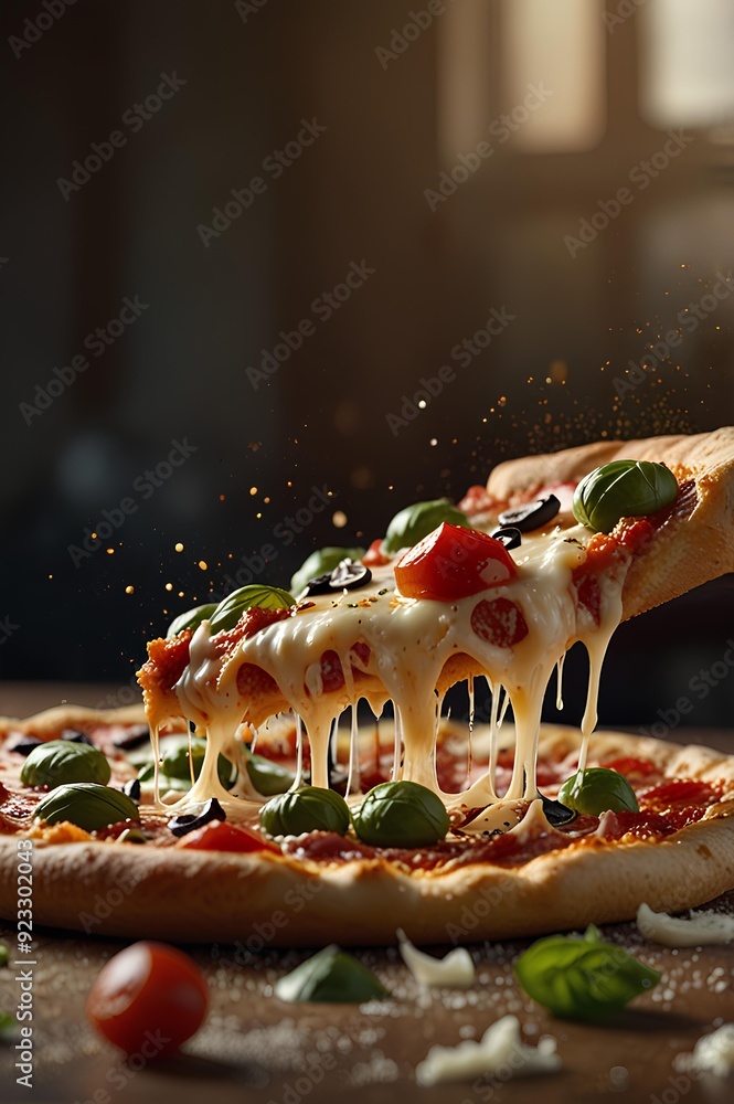 A cinematic shot of a pizza being torn apart, with cheese stretching ...