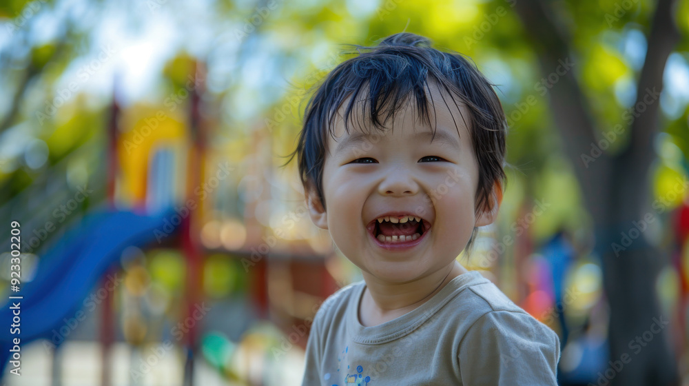 A candid photograph of a child laughing while playing in a park, the ...