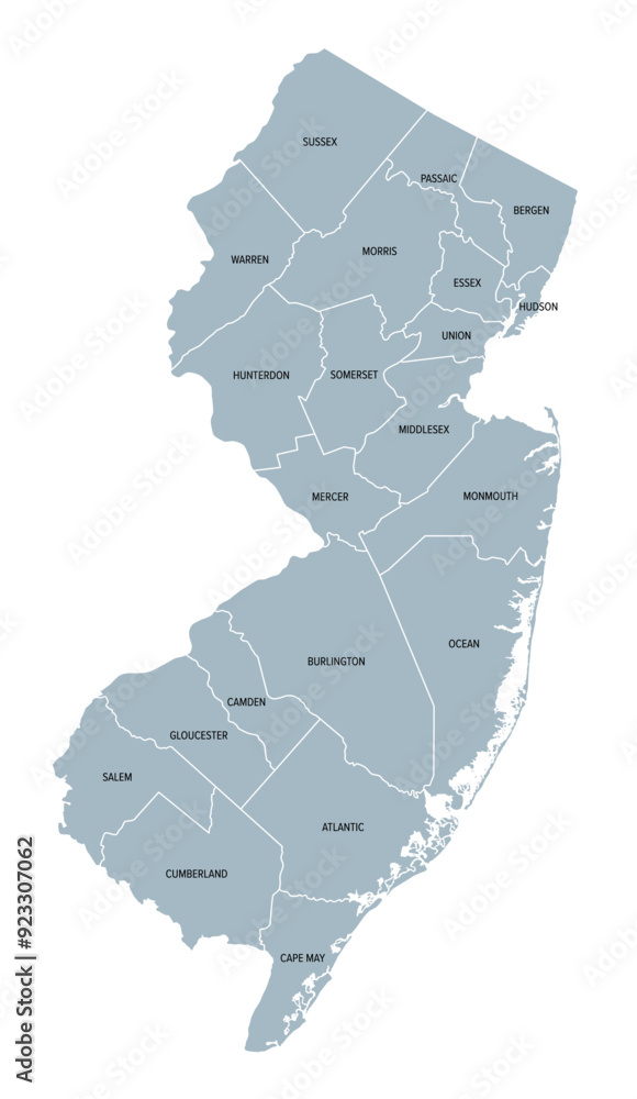New Jersey, U.S. state, gray political map with borders and county ...