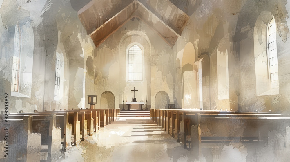 Architectural Church Interior with High Arches, Christian Theme, Beige ...