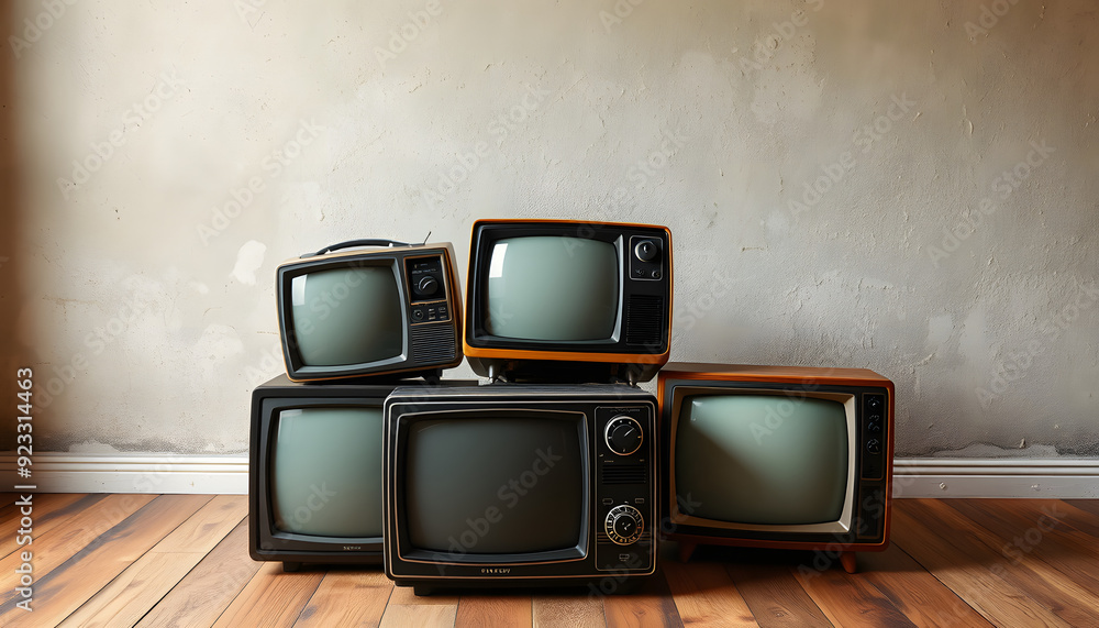 Antique retro old televisions pile on wooden floor. Vintage style ...