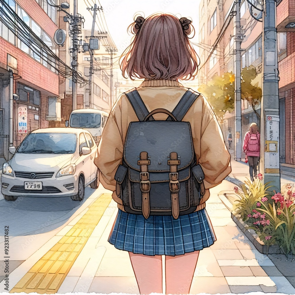 watercolor illustration of Anime Girl with a Backpack Heading to Class ...