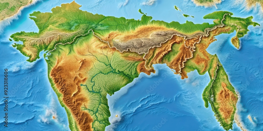 topographic map of India showing elevation levels, vegetation ...
