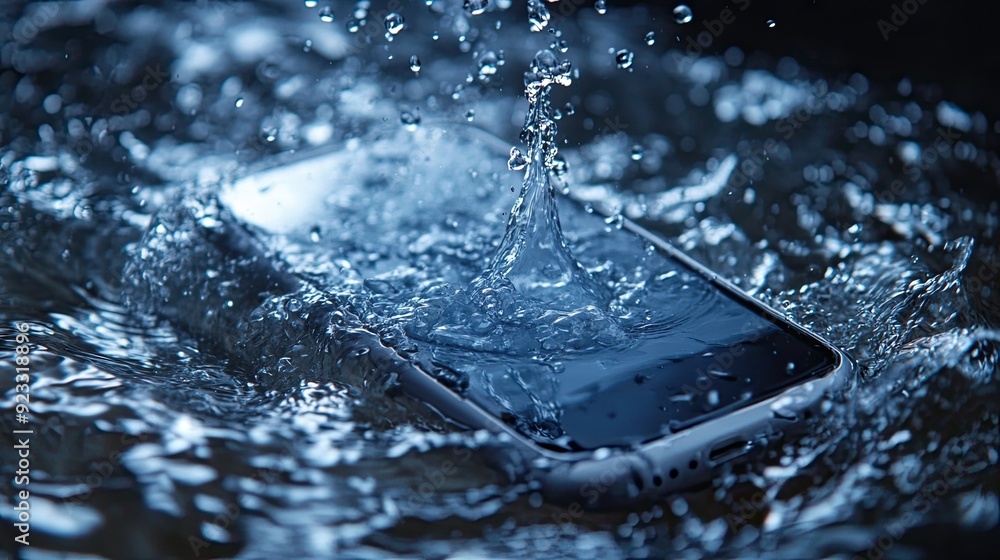 Smartphone falling in water. Mobile phone sinking into water, with ...