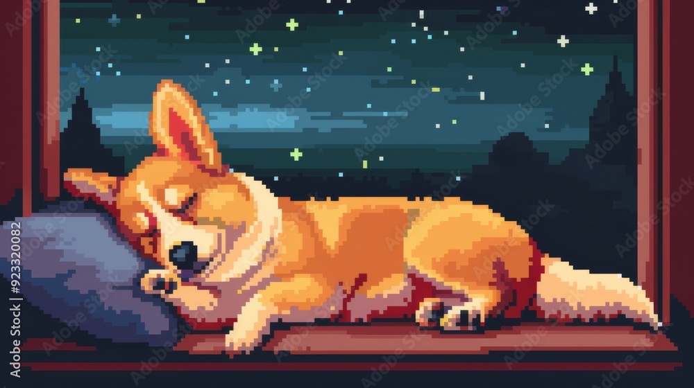Pixel art of a Corgi dog peacefully sleeping by the window at night ...