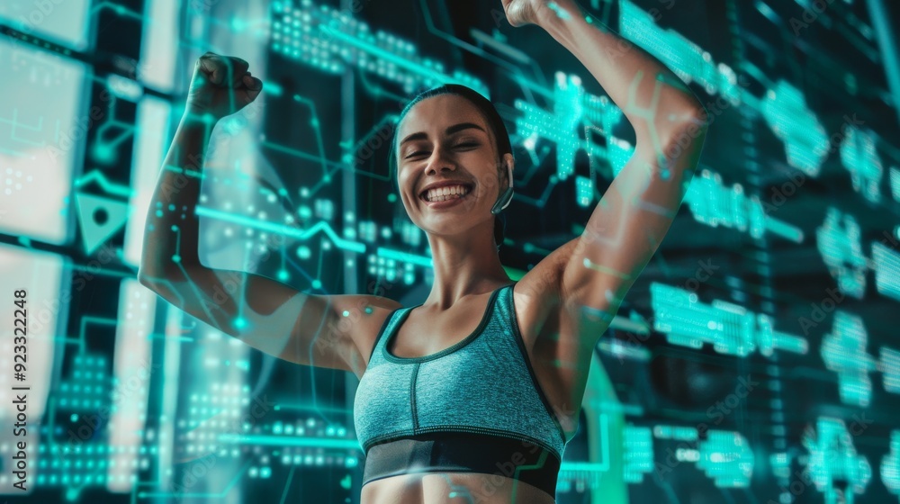 A woman exudes confidence post-exercise, flexing her arms while ...