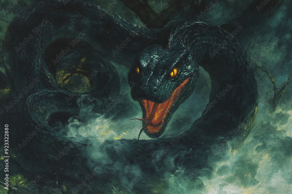 Menacing serpent with glowing eyes and open jaws emerging from misty ...