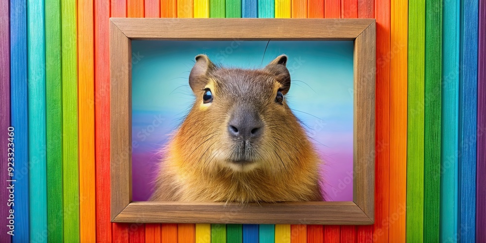 Rainbow capybara peeking out of a vibrant picture frame, rainbow ...