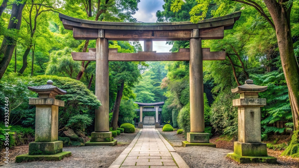 Stone torii gate at a Japanese Shinto Shrine for prayers and praying ...