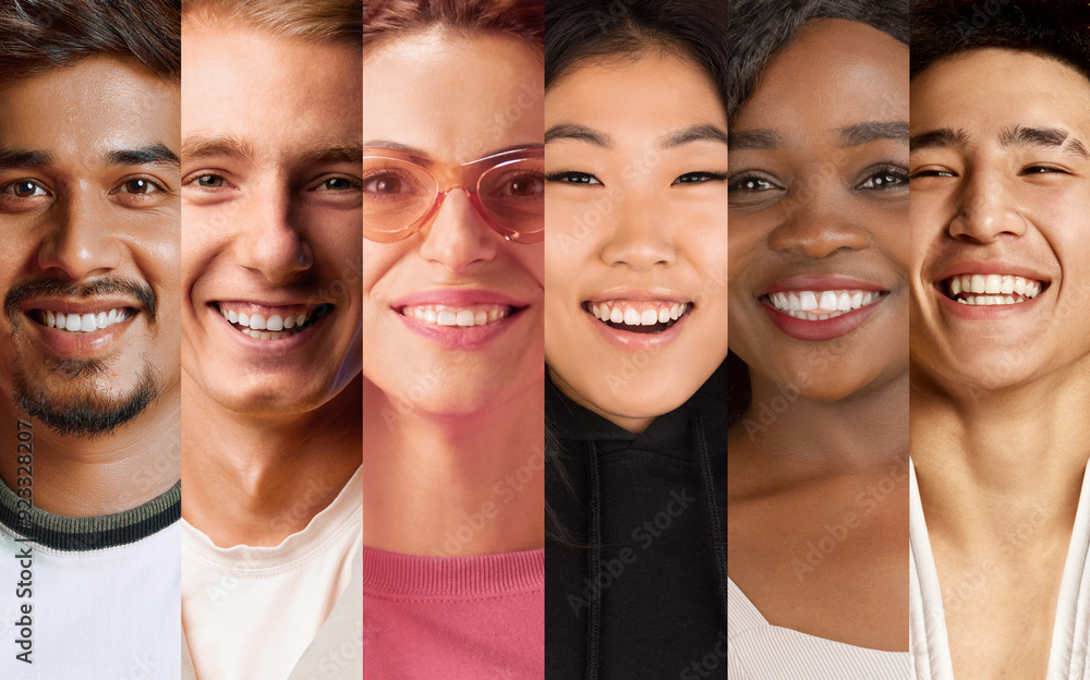 Joyful collage of diverse, smiling people, executing positive emotions ...