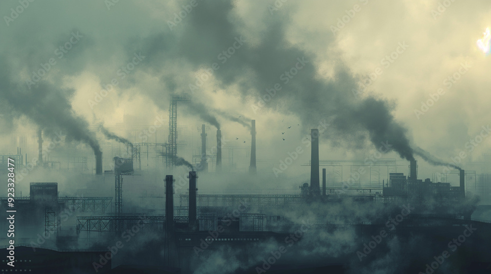 Dense industrial skyline shrouded in fog and smoke, with towering ...