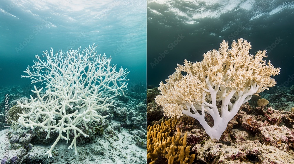 Dead coral reefs juxtaposed with vibrant, healthy reefs, showcasing the ...