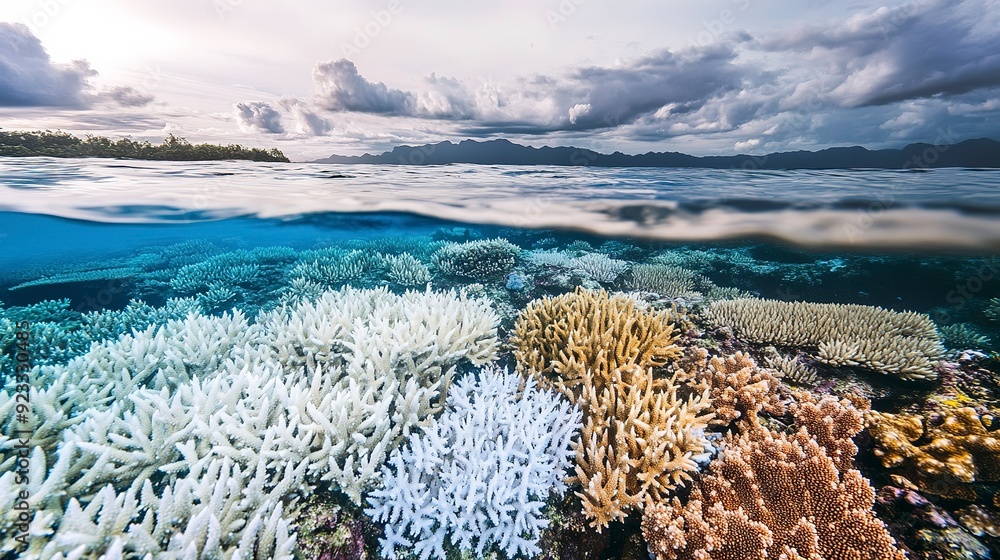 Dead coral reefs juxtaposed with vibrant, healthy reefs, showcasing the ...