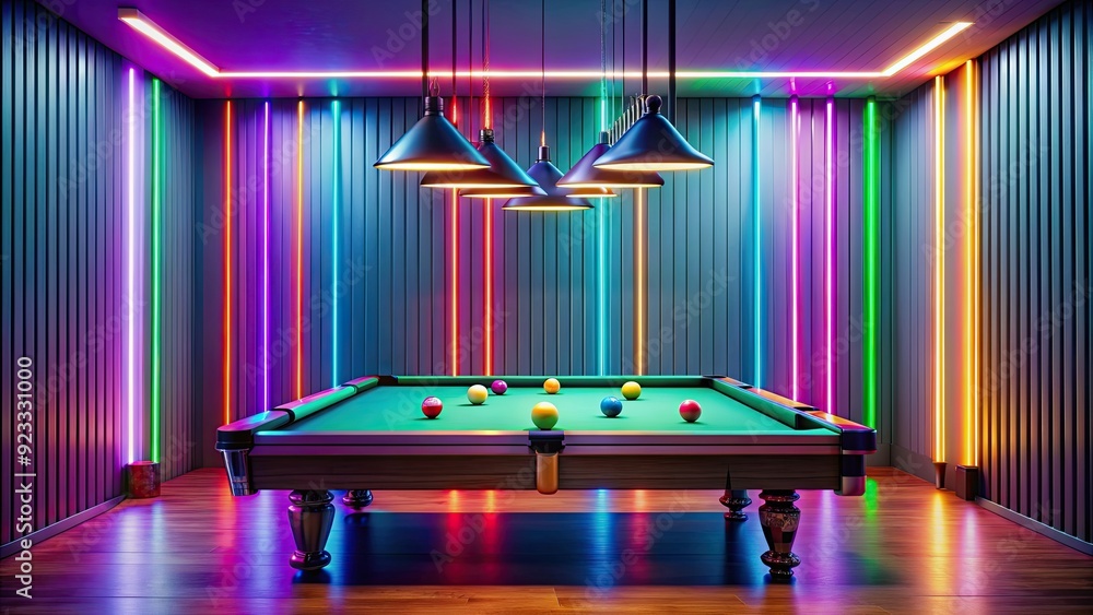 Vibrant neon lit billiard table with cues and pool balls under colorful ...