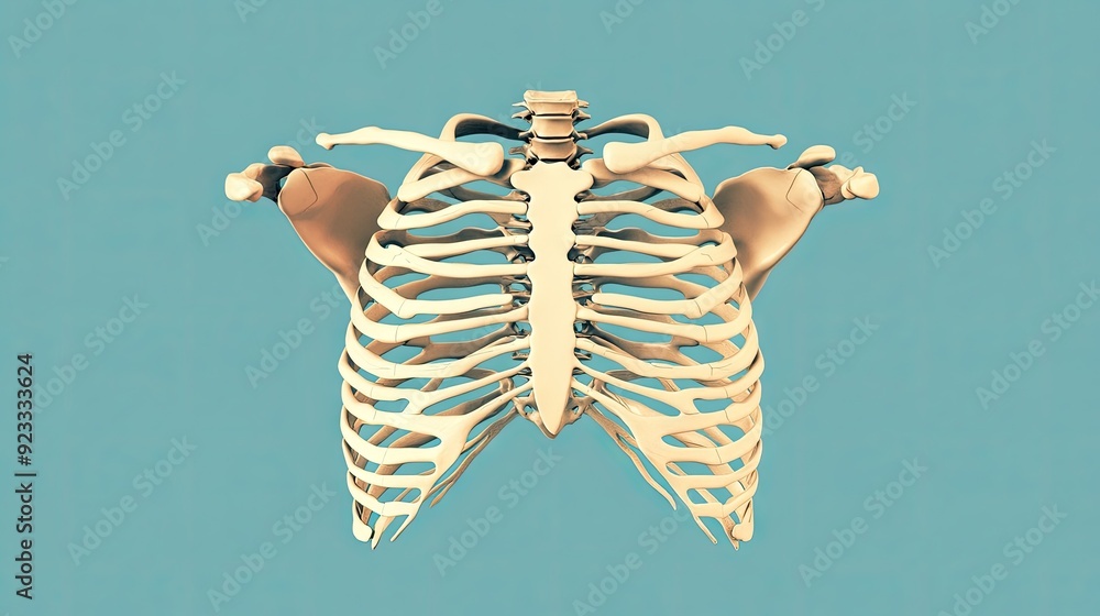Anatomy of the human rib cage isolated on a simple color background ...