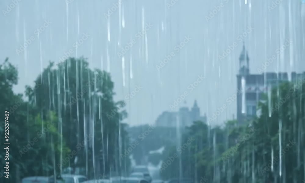 Cityscape Through the Rainfall: A moody urban scene, blurred by ...