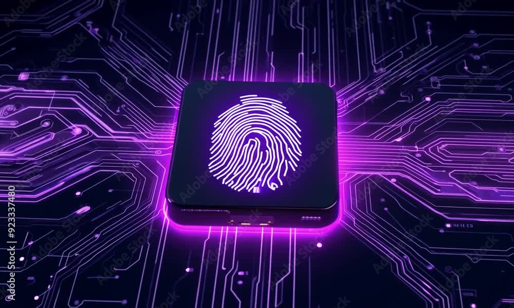 Digital Identity: A fingerprint glows on a chip amidst a vibrant ...