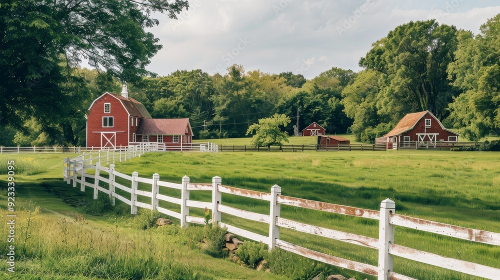 Idyllic scene of a countryside farm, showcasing rustic red barns, white ...