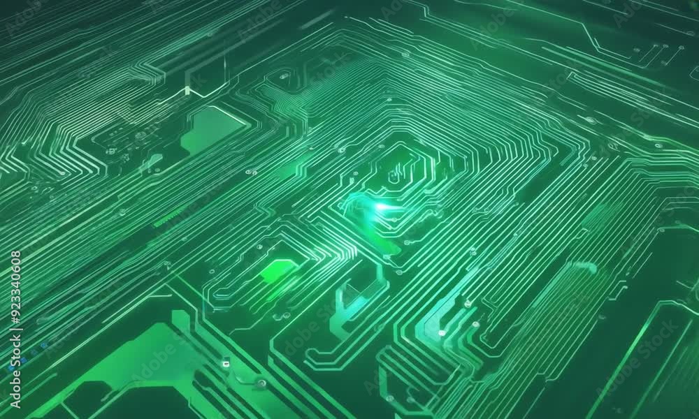 Cybernetic Glow: A mesmerizing digital rendering of a glowing green circuit board, pulsing with ...