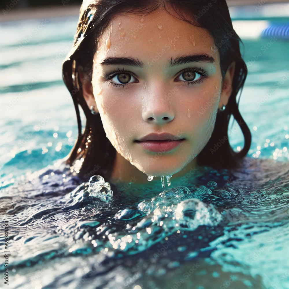 Beautiful young girl emerging from the water with wet hair and intense ...