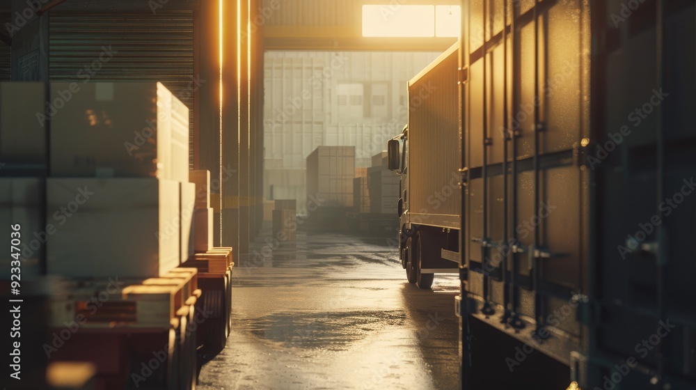 Early morning light seeps into a warehouse filled with crates and a ...
