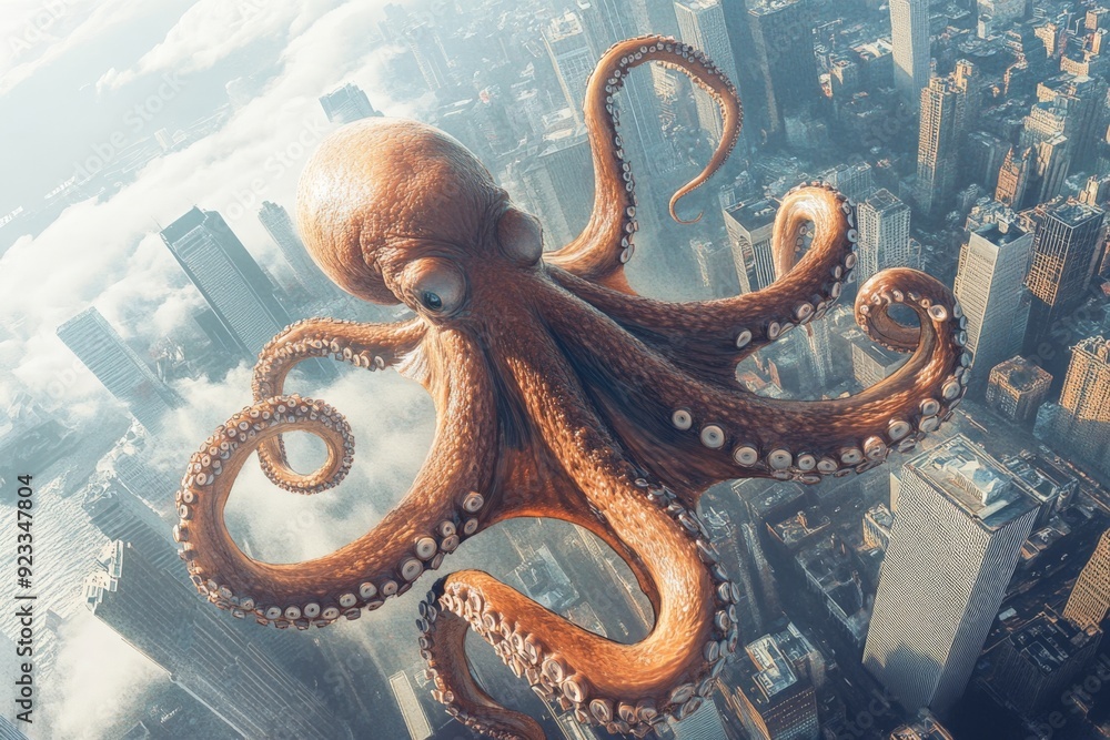 A giant octopus with city buildings on its tentacles, floating in the ...