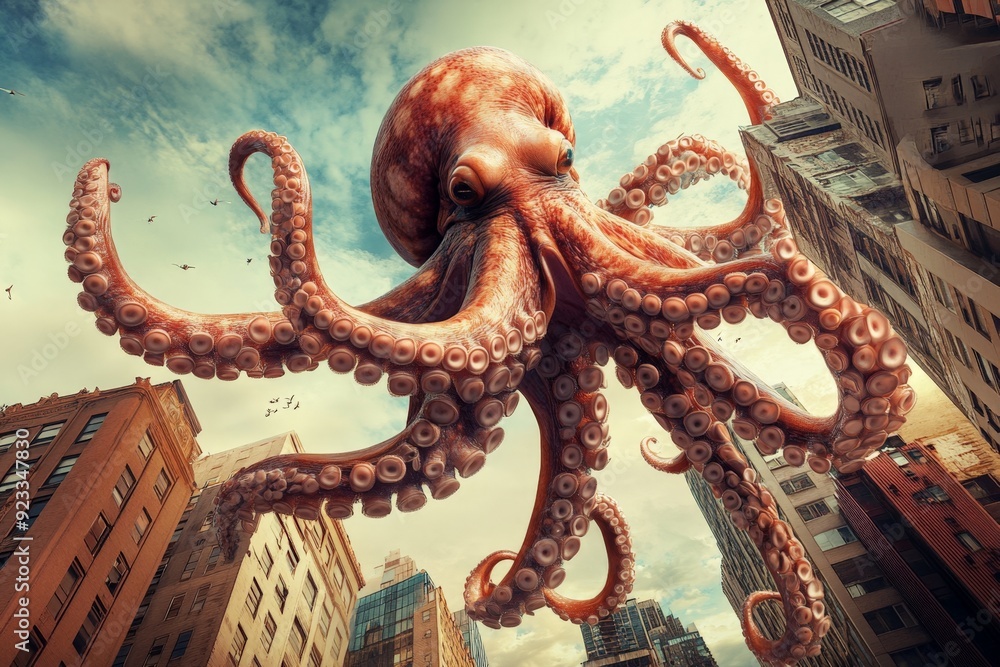 A giant octopus with city buildings on its tentacles, floating in the ...