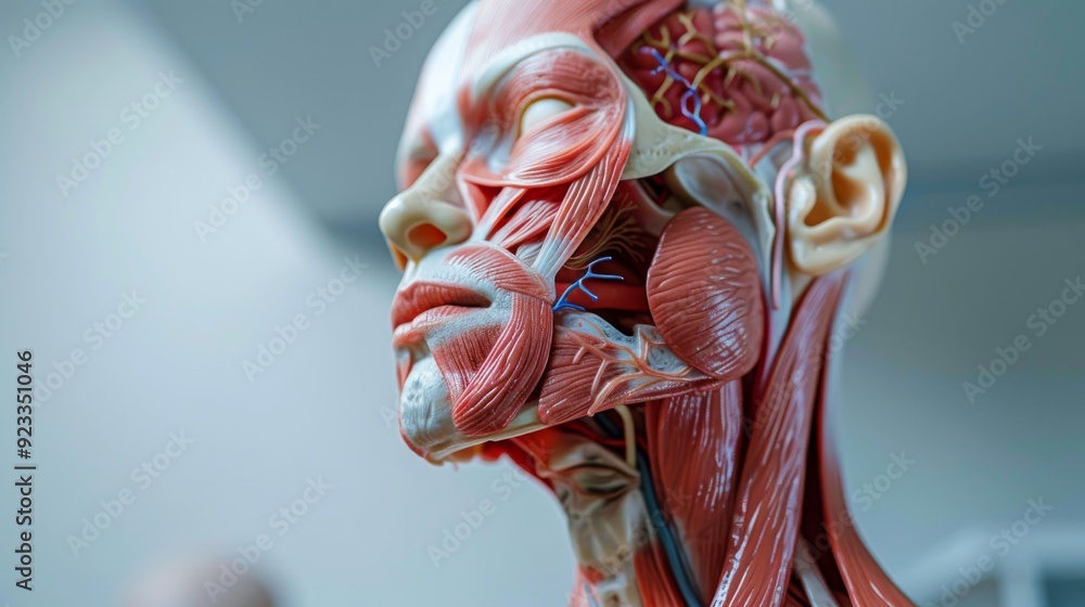 Highly detailed anatomical model of the human head and neck, showing ...