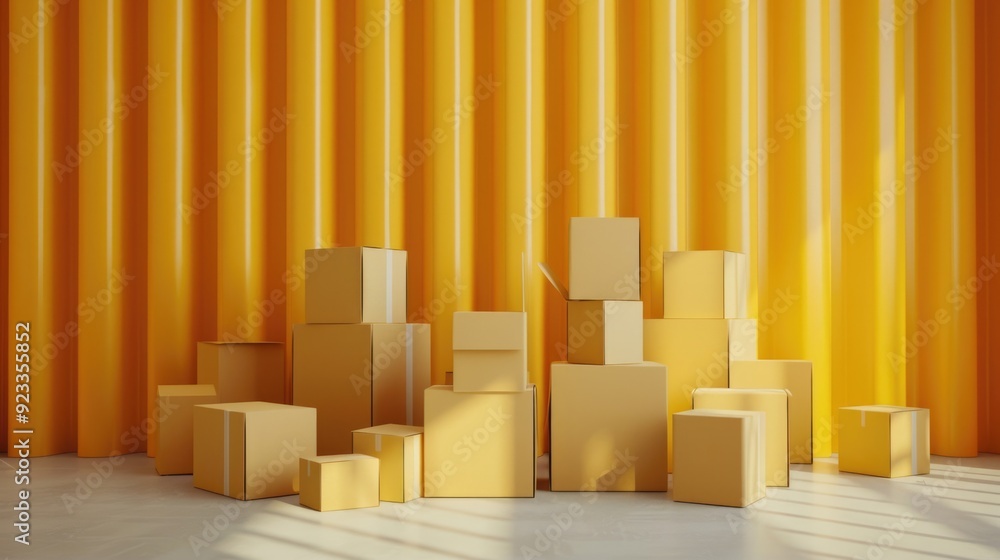 Shipping Boxes. Empty Cardboard Boxes in an Empty Room with Yellow Wall ...
