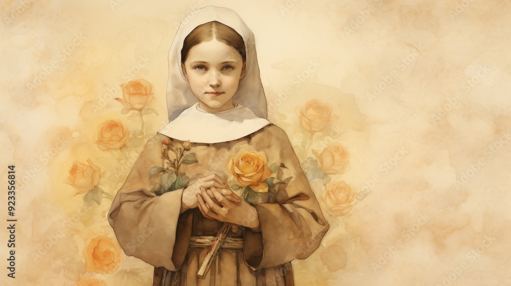 Illustration of Holding Crucifix and Roses, St. Therese of the Child ...