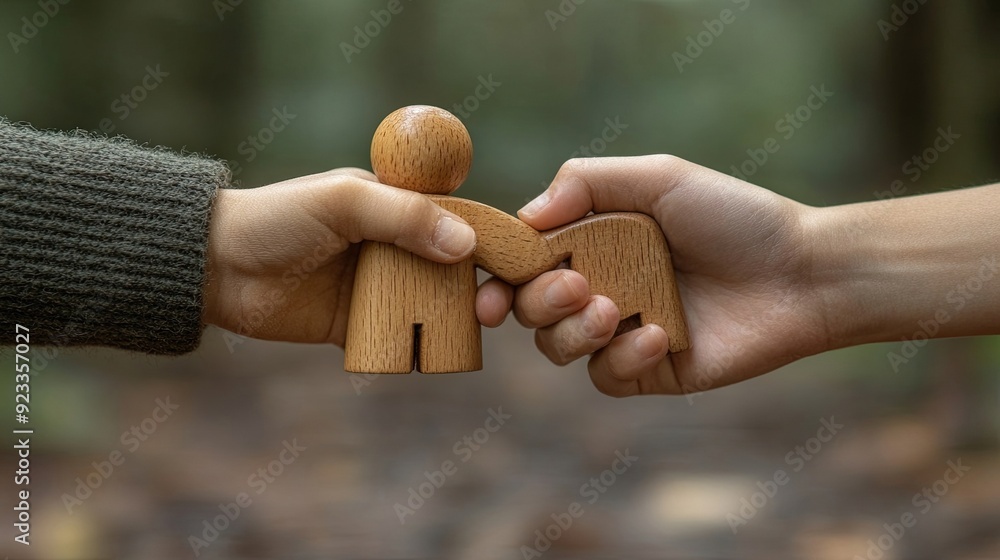 The hand is holding wooden blocks that depict a man and woman shaking ...