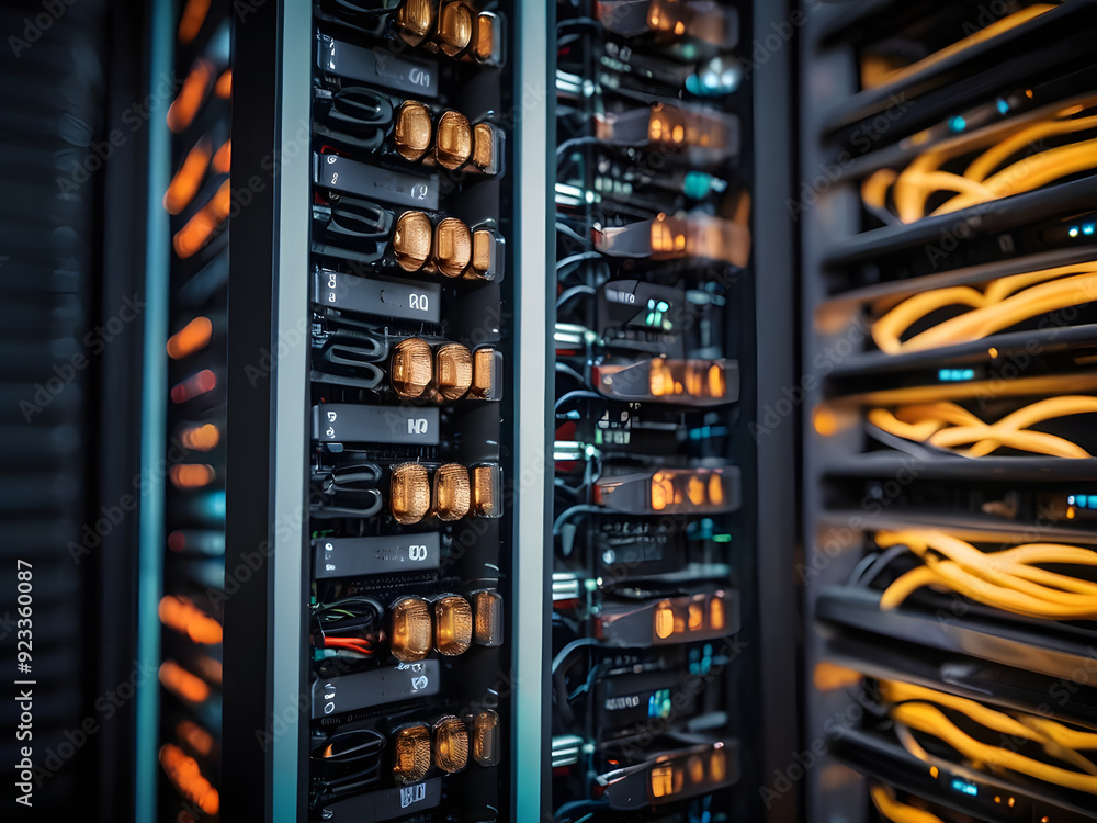 server rack with servers,server rack with cables,network hub and patch ...