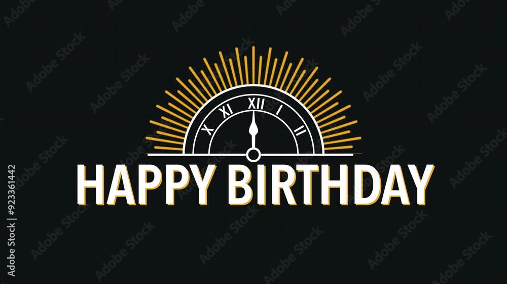 A black and white birthday greeting featuring a clock face with the ...