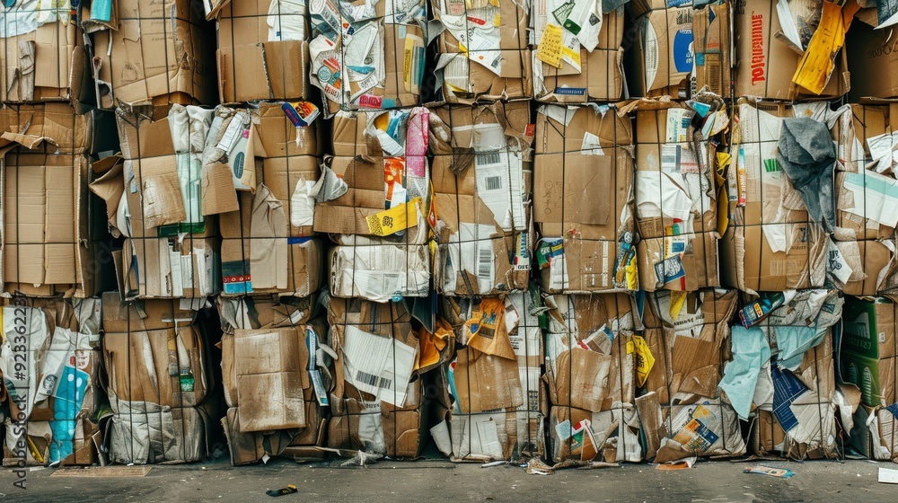 Stacks of compacted cardboard ready for recycling, showcasing an ...
