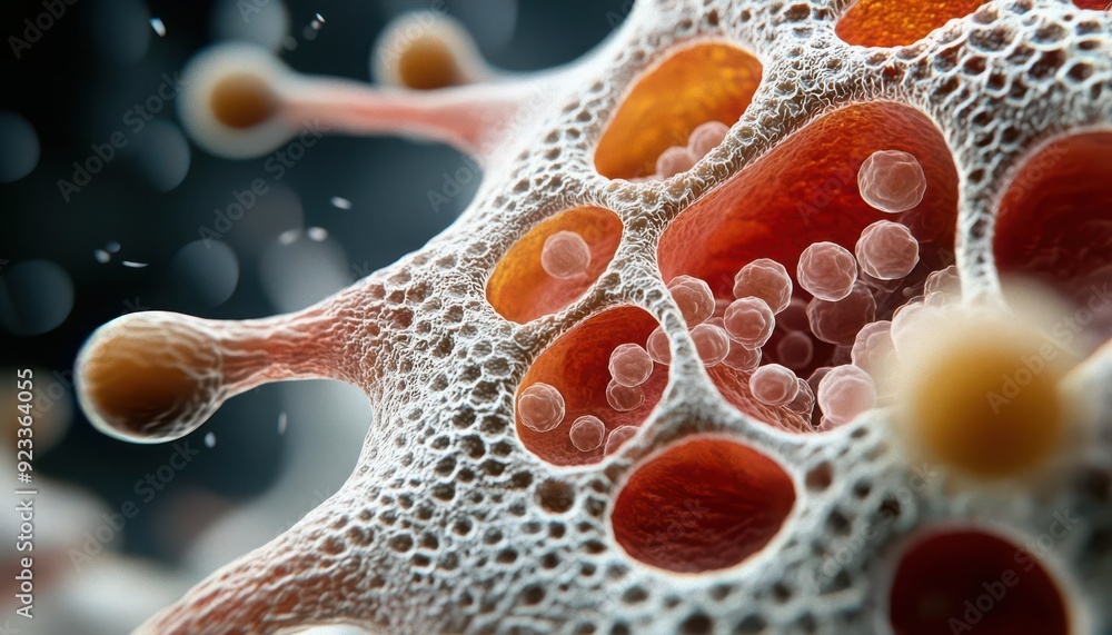 3D illustration, amoeba under microscope, detailed cellular structure ...