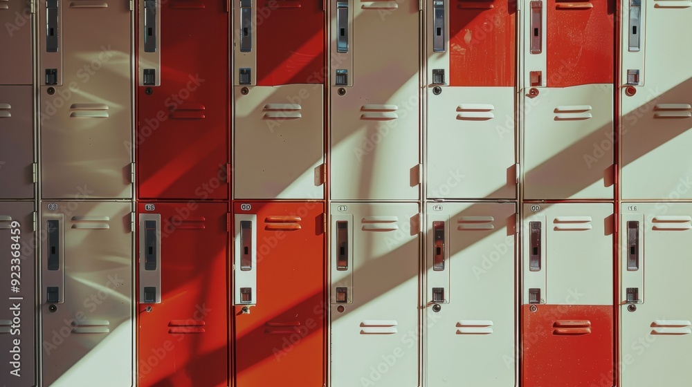 Rows of red and white lockers are illuminated by streaks of sunlight ...