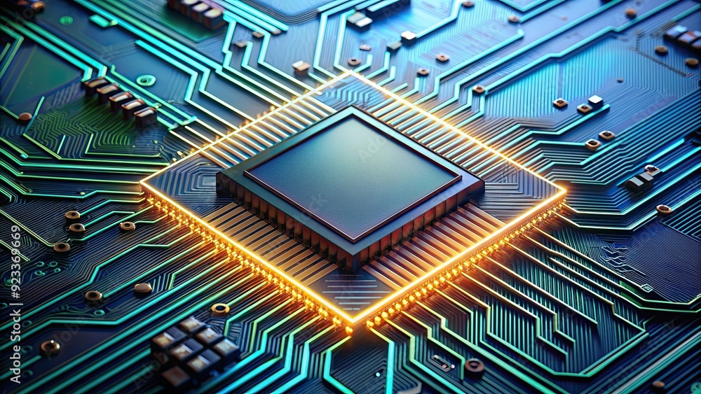 High-tech processor on a modern PCB with intricate pathways, high-tech ...
