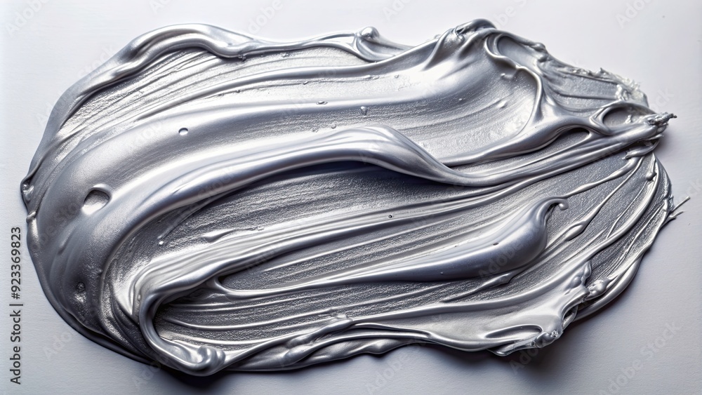 Liquid metallic silver acrylic paint stroke with a shiny smudged melted ...