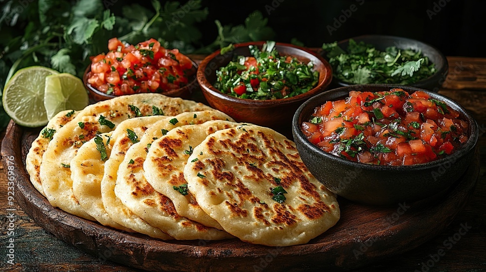 Typical pupusas from El Salvador served on a vibrant platter with ...