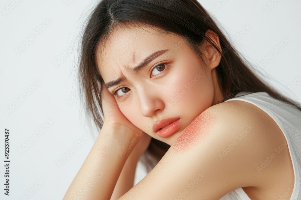 An Asian woman suffers from allergic reaction due to atopic dermatitis ...