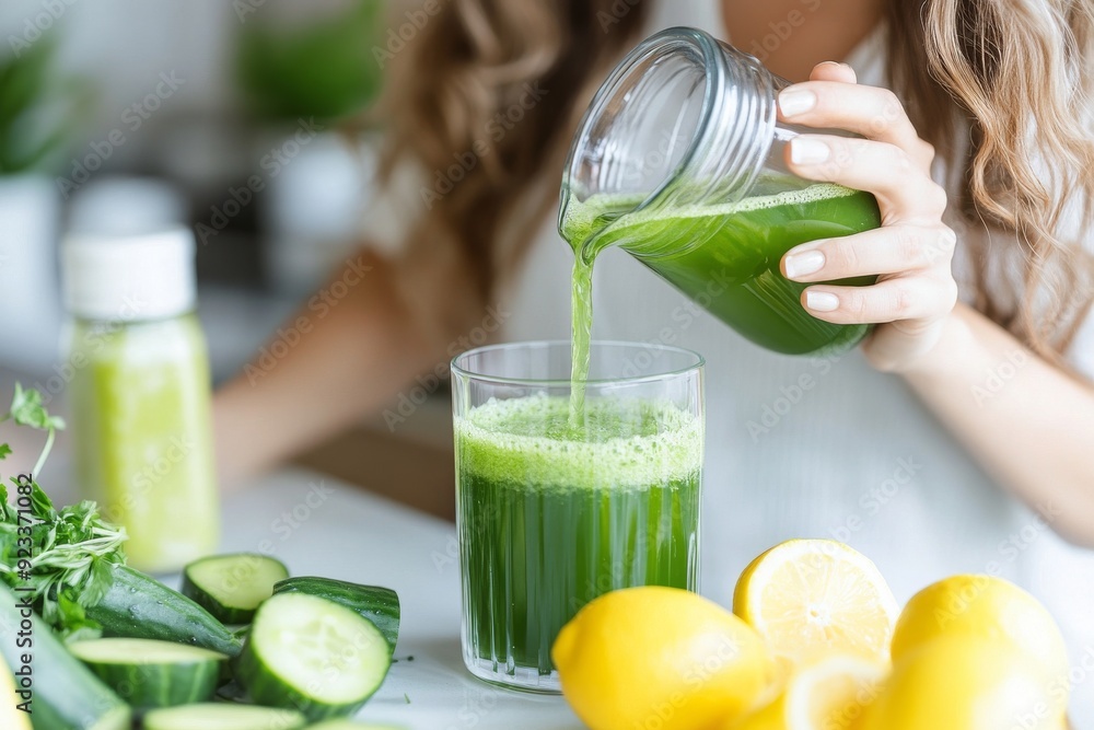 Inverted detoxic juice concept with woman holding a bottle and pouring ...